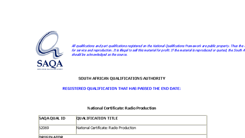 SAQA Registered Qualification: National Certificate in Radio Production ...
