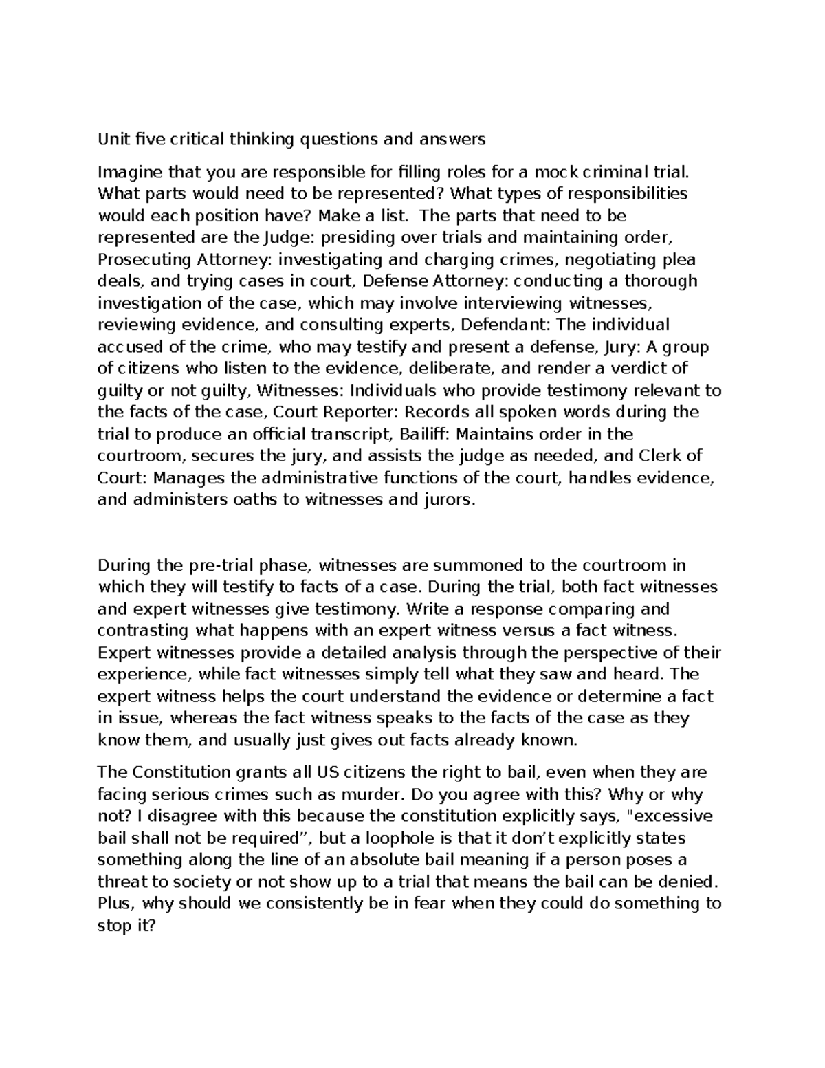 Unit 5: Critical Thinking Q&A on Mock Criminal Trial Roles - Studocu