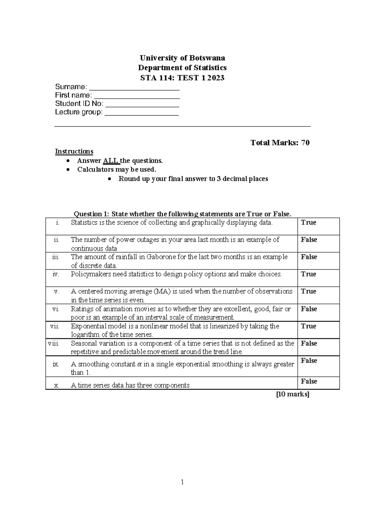 STA 114: Test 1 2023 - Statistics Exam Questions and Answers - Studocu