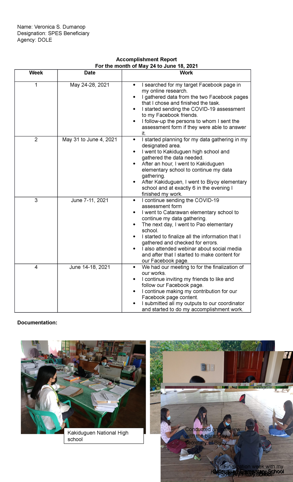 SPES Accomplishment Report: Data Gathering from May 24 to June 18, 2021 ...