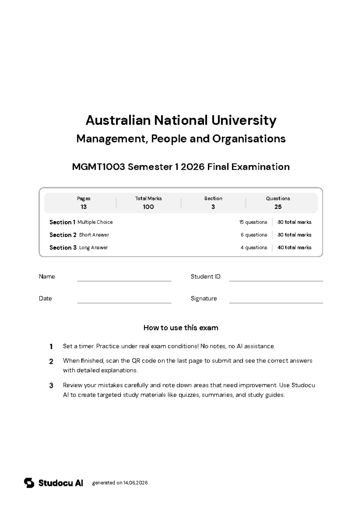 MGMT1003 Semester 1 2026 Final Exam - Studocu