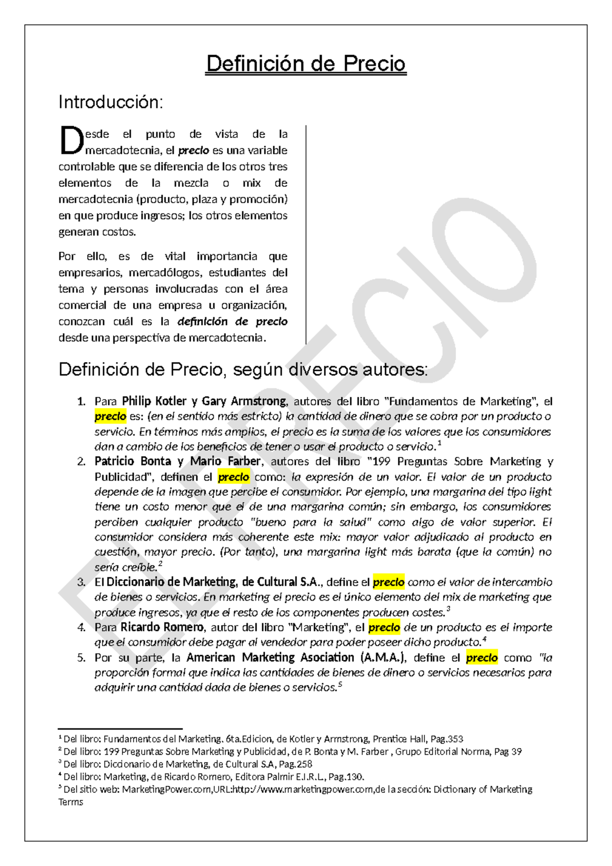 TP1 - Definición de Precio en Mercadotecnia: Perspectivas y Autores ...