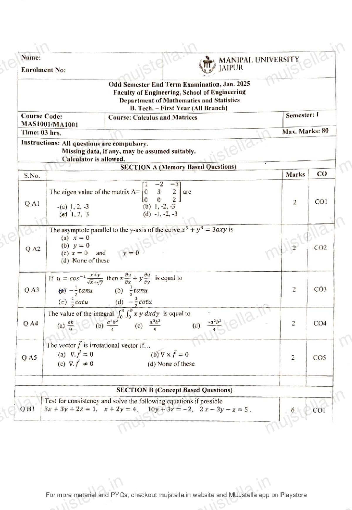 Calculus and Matrices ETE (Sem-I) Exam Paper - Jan 2025 - Studocu