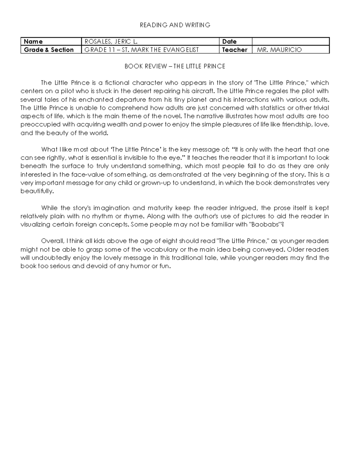 Reading and Writing - Final Activity - READING AND WRITING Name ROSALES ...