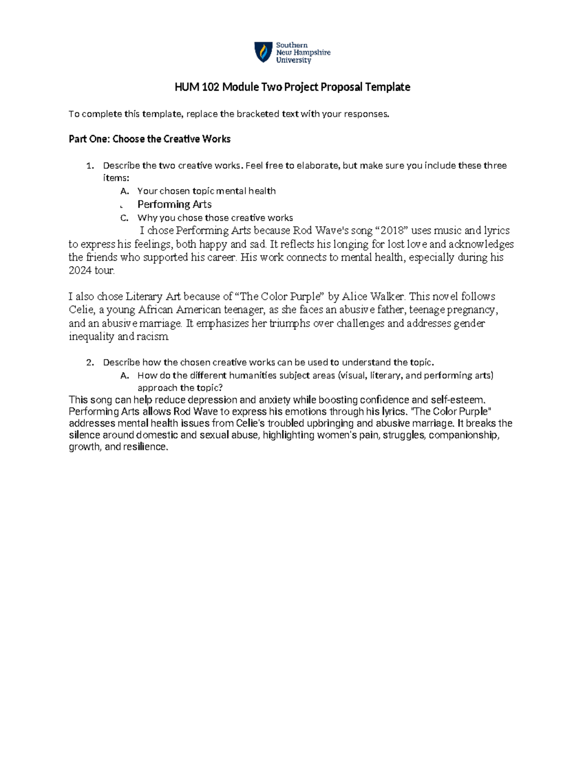 HUM 102 Module Two Project Proposal - Part One: Choose the Creative ...