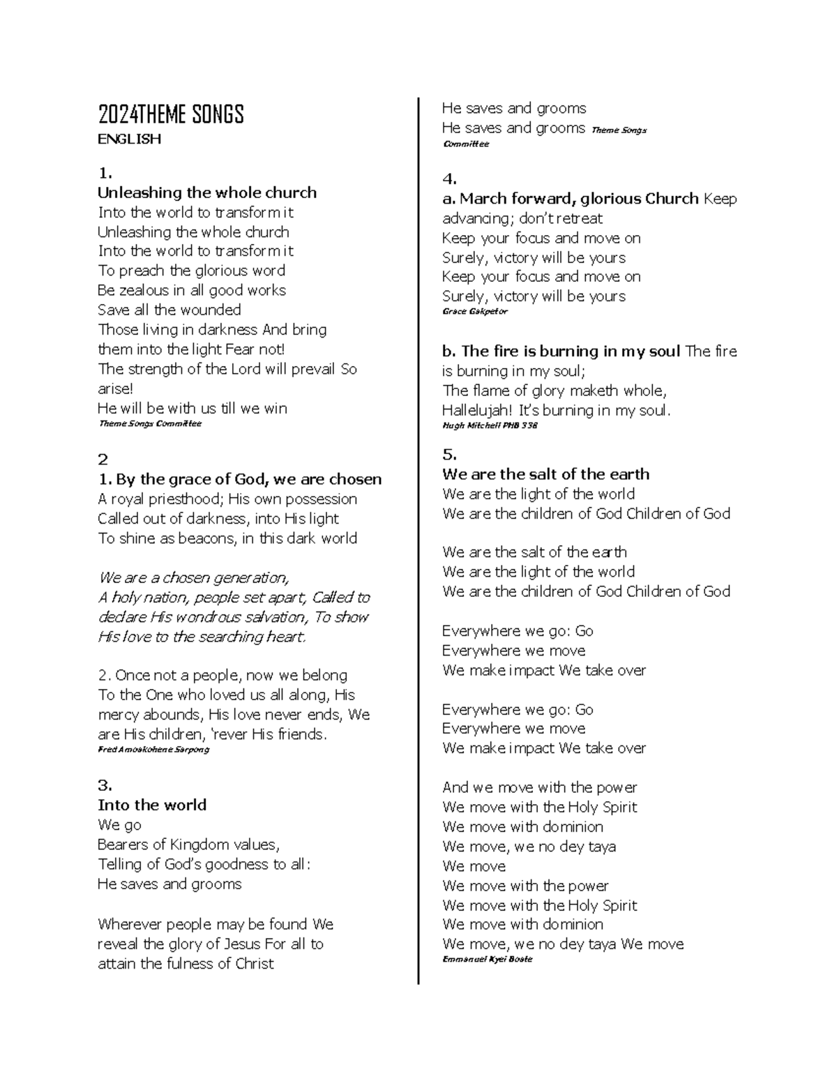 2024 Theme Songs for Worship: A Comprehensive Collection - Studocu