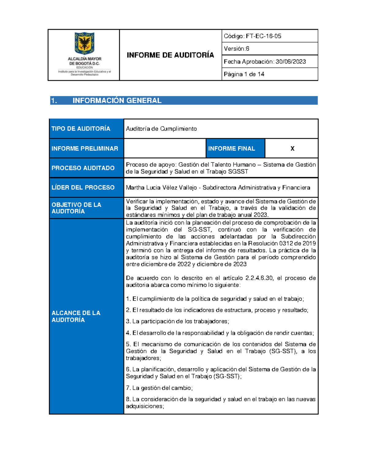 Informe de Auditoría SGSST 2023: Evaluación y Resultados - Studocu