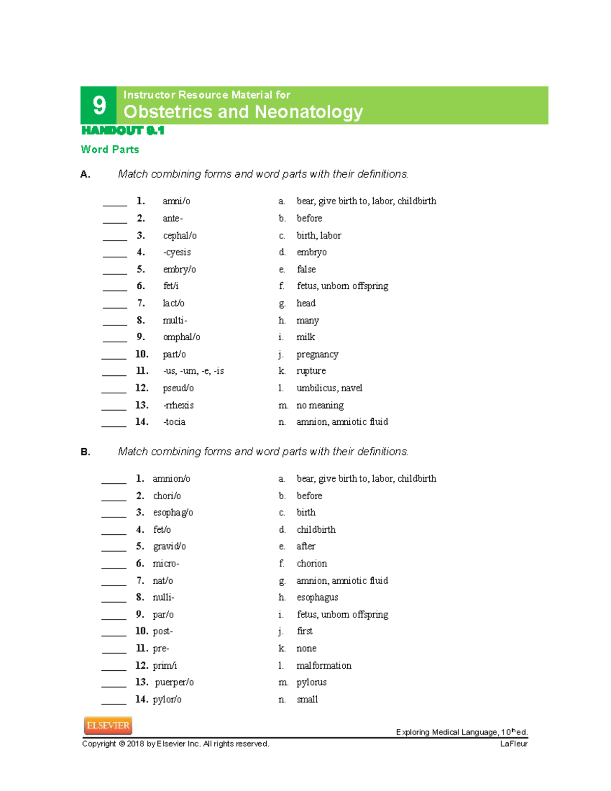 Chapter 9 Obstetrics and Neonatology: Instructor Resource Handouts ...