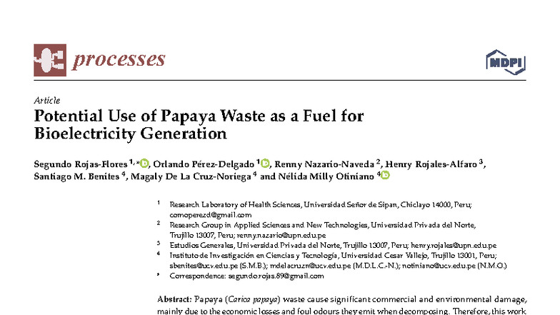 Processes 2021: Bioelectricity Generation from Papaya Waste - Studocu