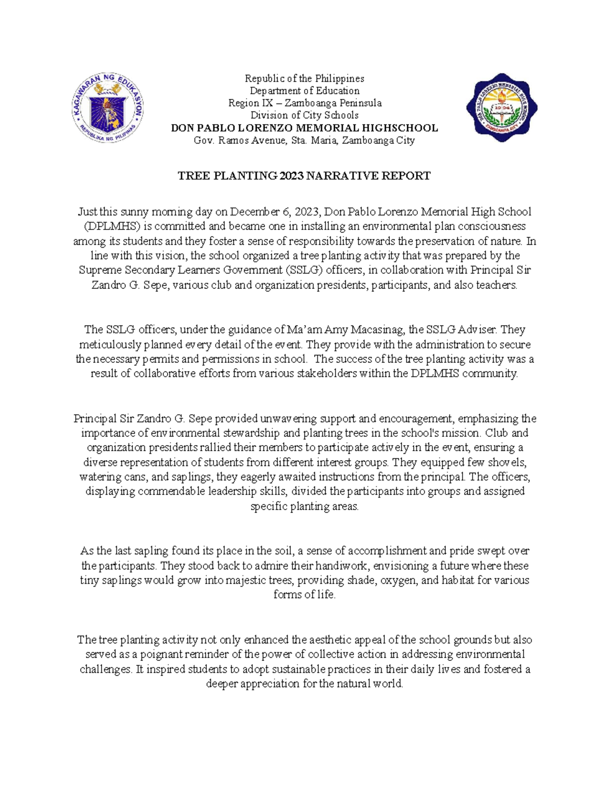 DPLMHS TREE Planting 2023 Narrative Report on Environmental Initiative ...
