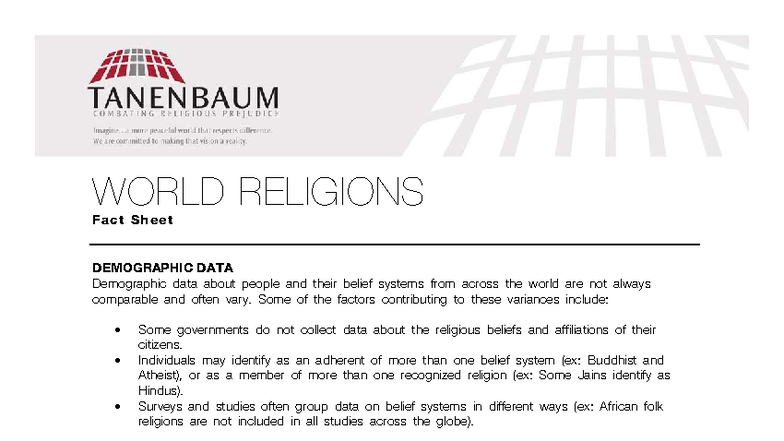 World Religions Fact Sheet: Demographic Data Overview - Studocu