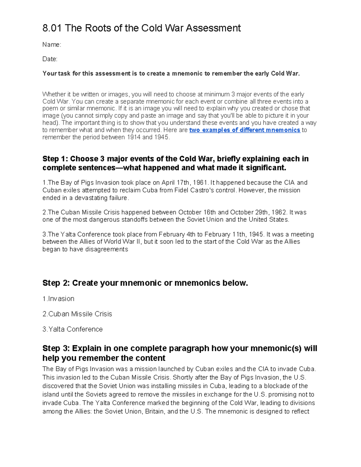 8.01 Cold War Mnemonic Assessment: Key Events Explained - Studocu