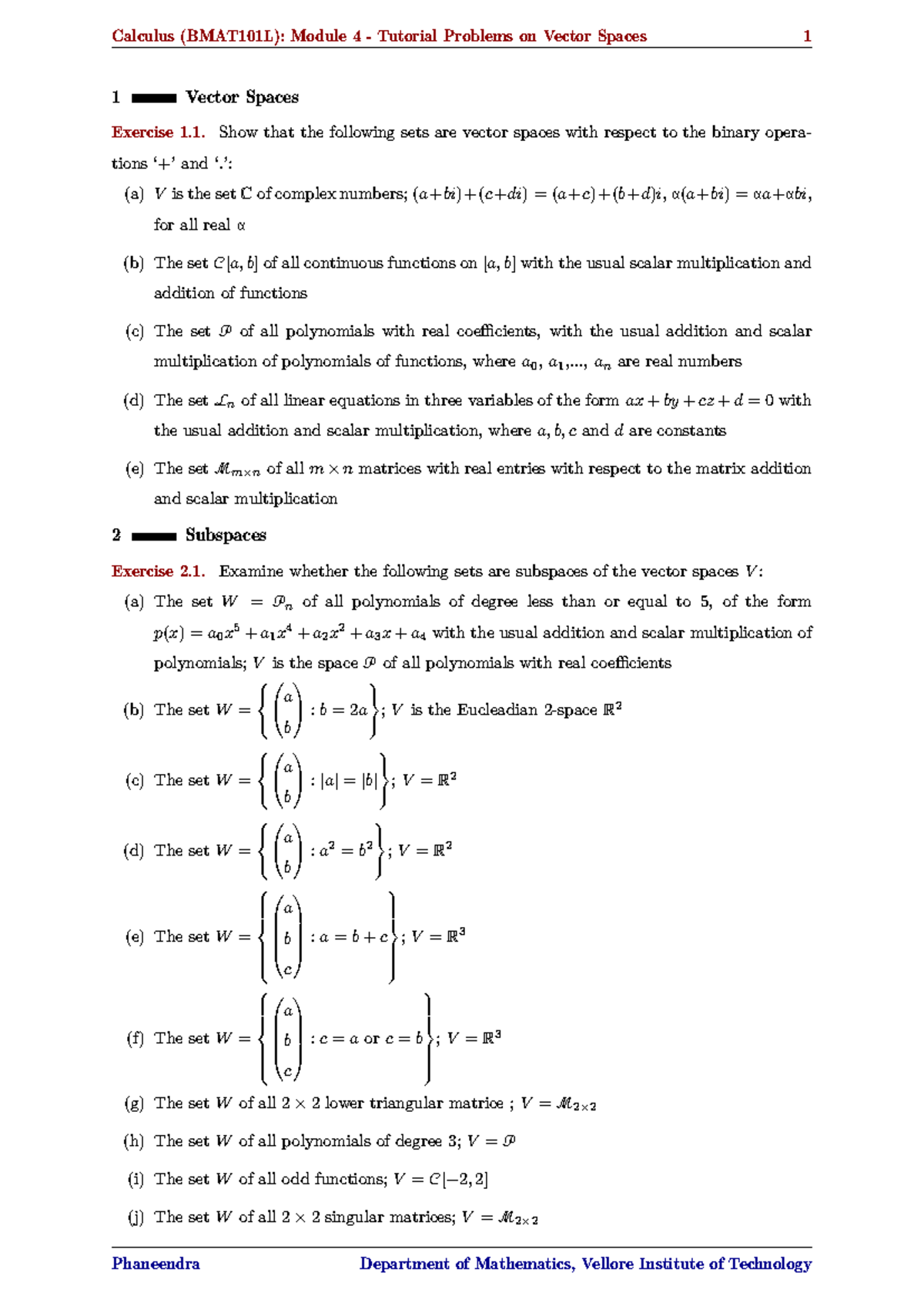 BMAT101L: Module 4 Tutorial Problems on Vector Spaces and Subspaces ...