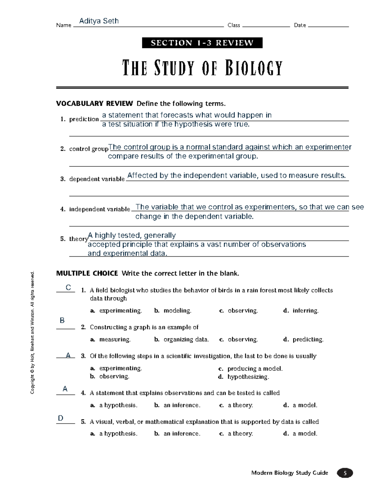 Biology Vocabulary Review - SEC T I O N 1 3 Study Guide - Studocu