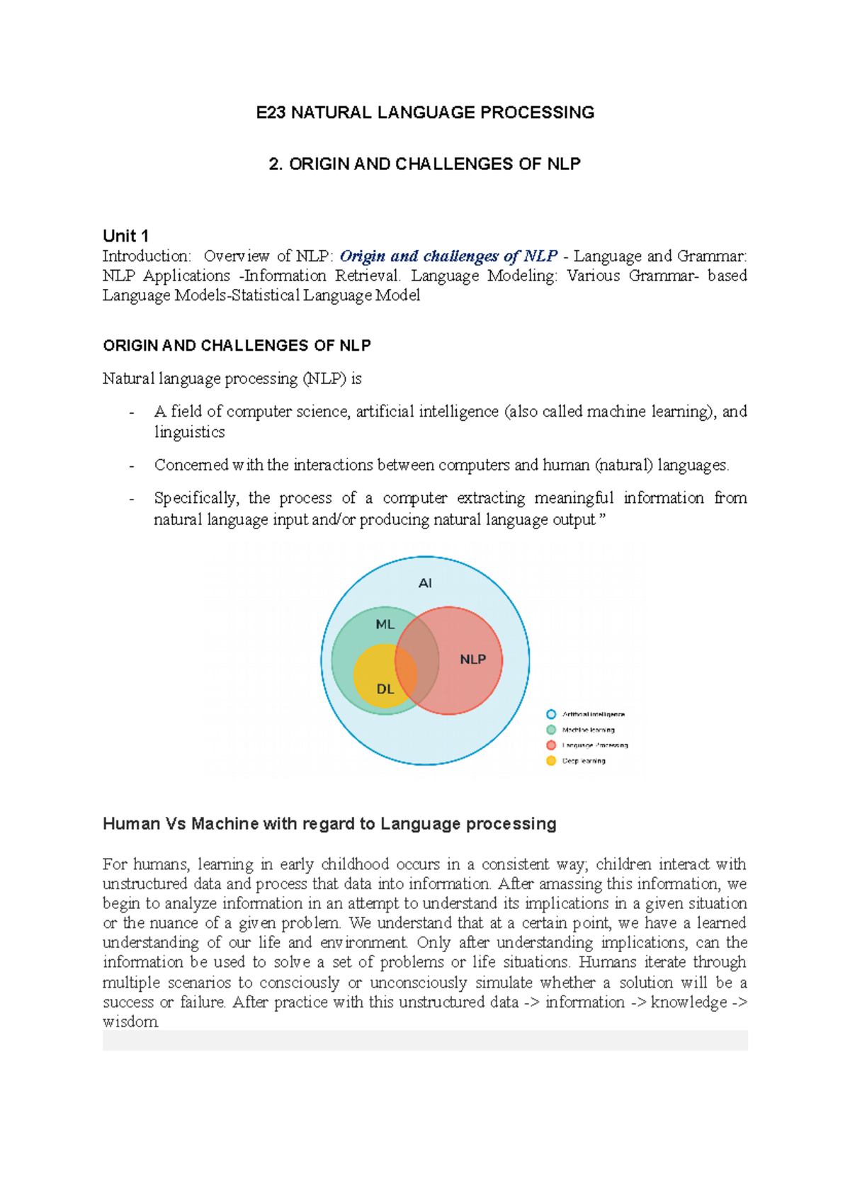 E23 NLP: Understanding the Origins and Challenges of NLP - Studocu