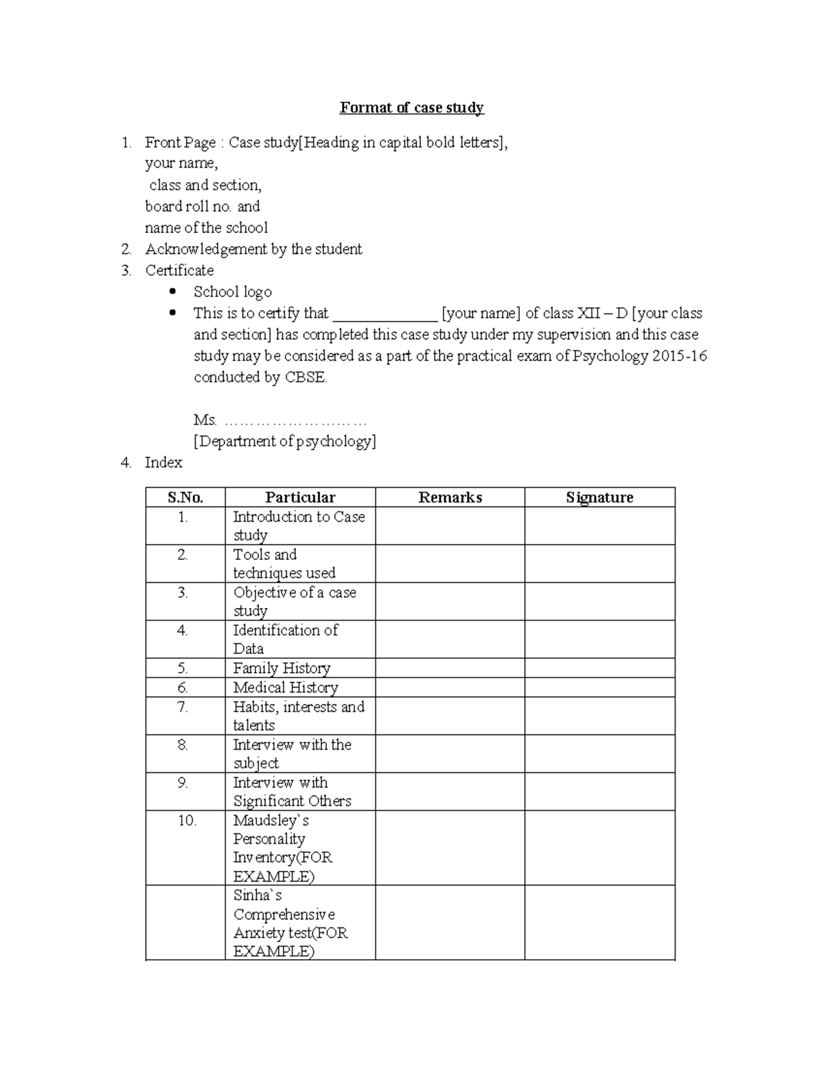 Case Study Format for Psychology Practical Exam - Class XII D - Studocu