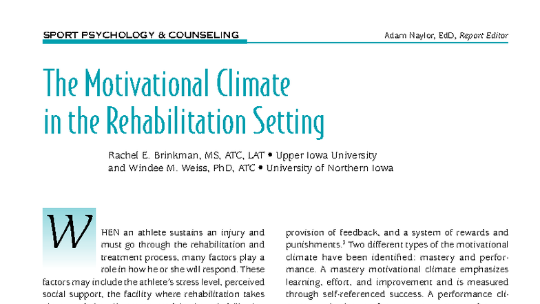 SPORT PSYCHOLOGY COUNSELING: Motivational Climate in Rehab Settings ...