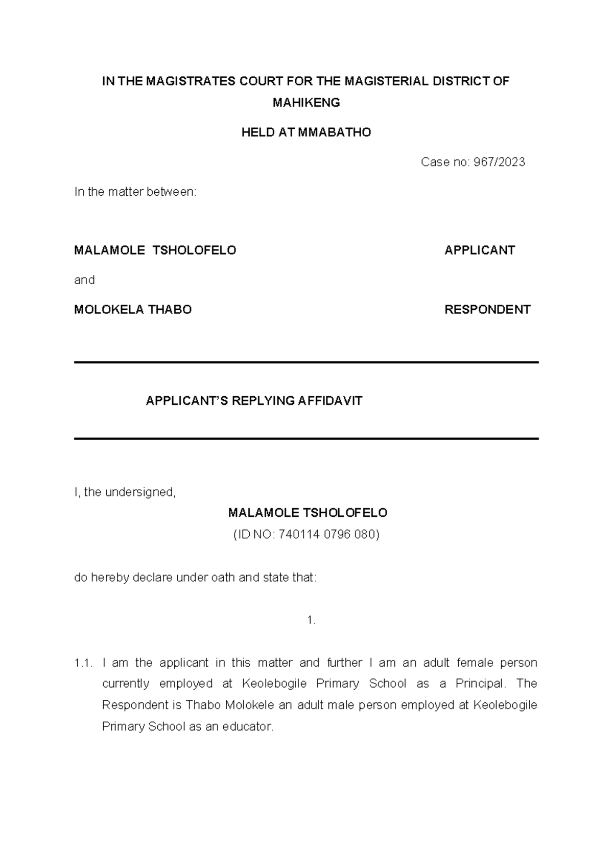 Replying Affidavit in Case No: 967 - Protection Order Application - Studocu