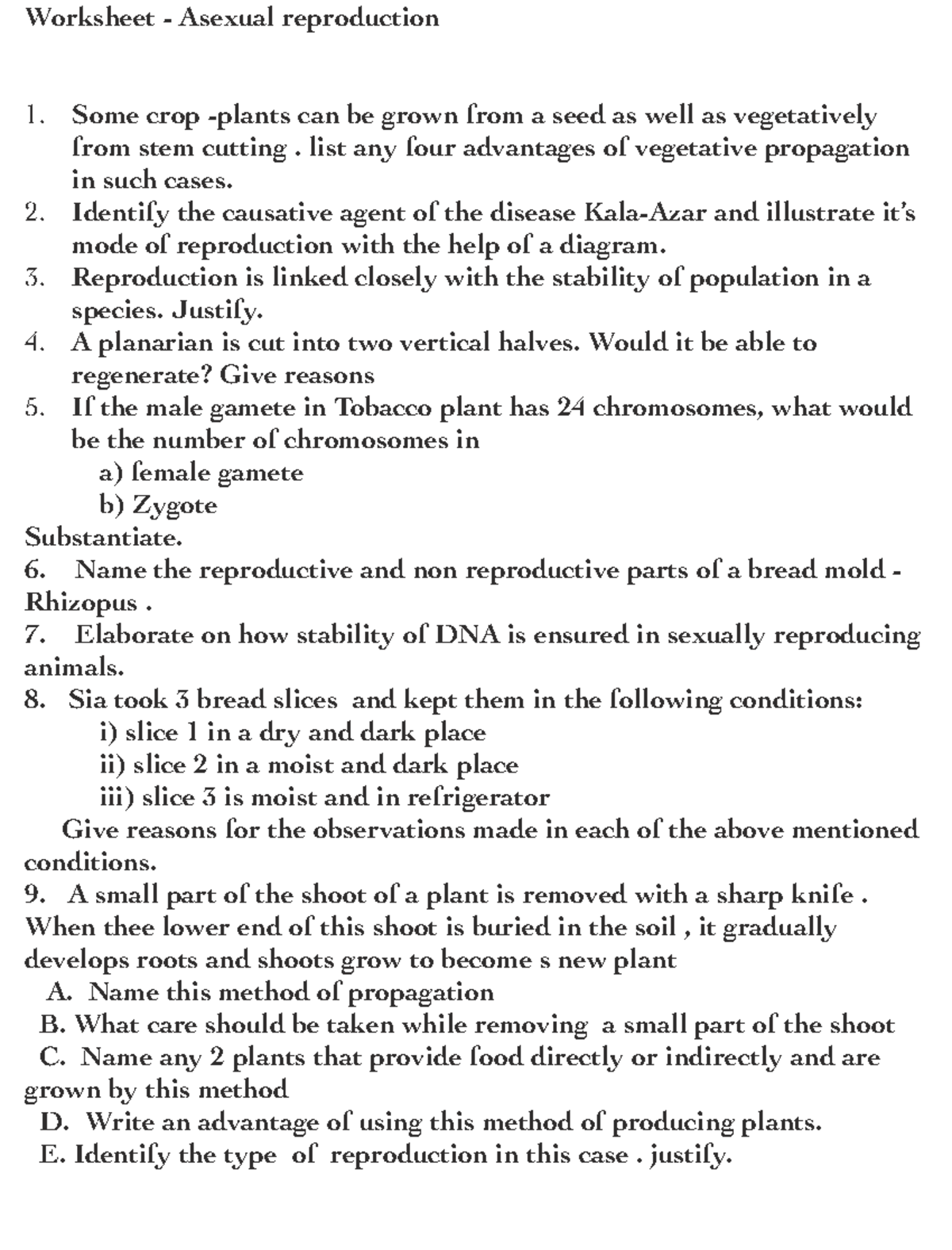 Worksheet on Asexual Reproduction in Biology - VNFGH - Studocu