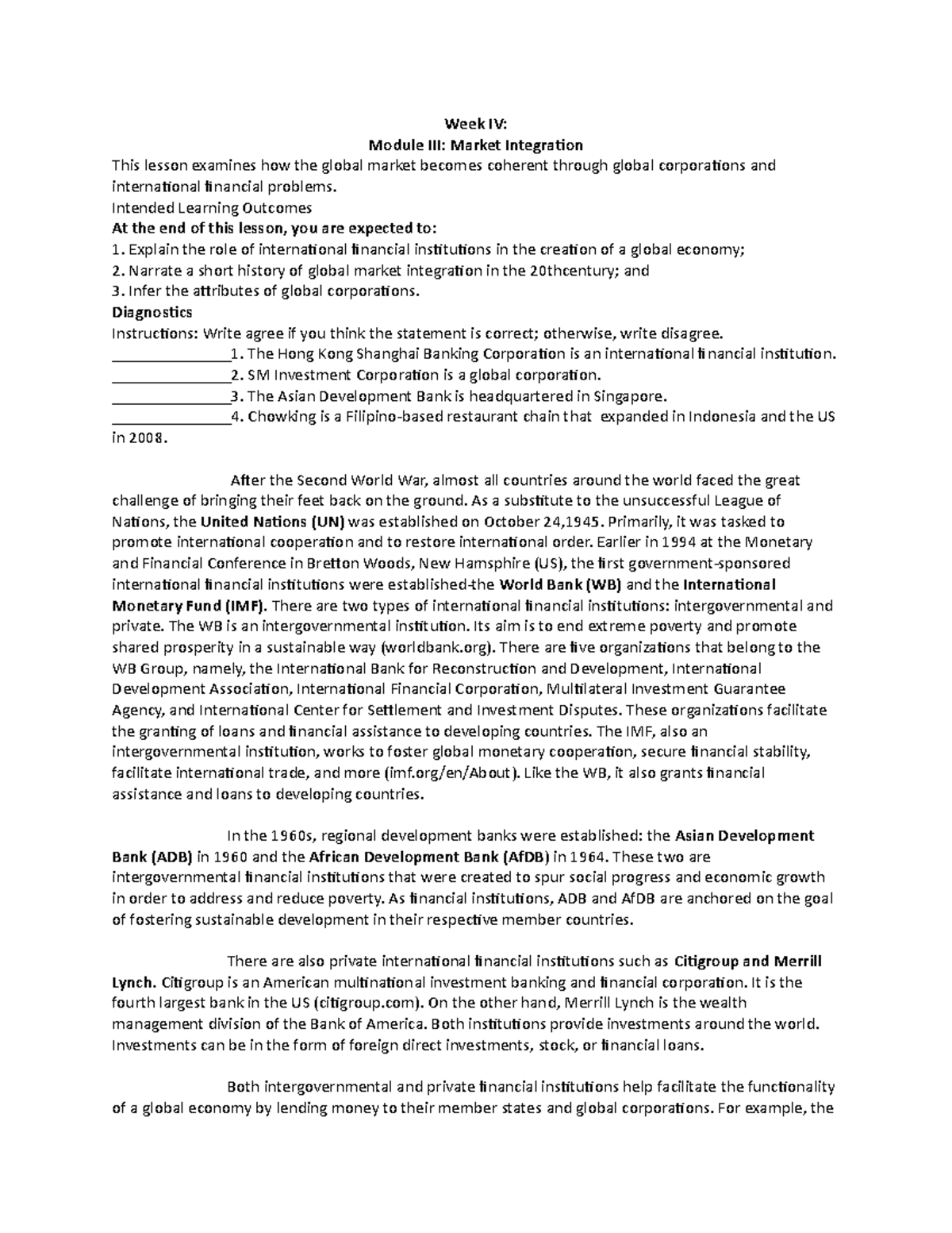 Market-Integration - notes - Week IV: Module III: Market Integration ...
