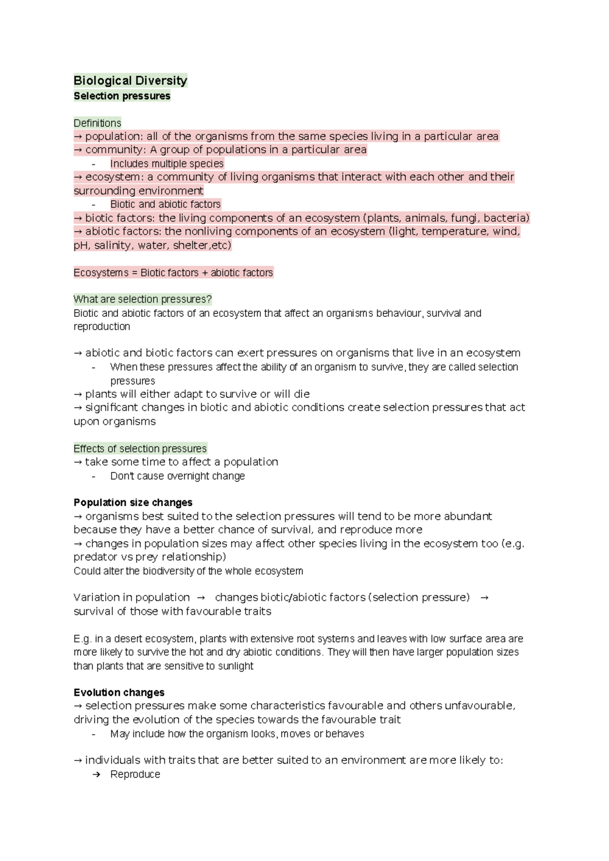 Bio Module 3: Study Notes on Biological Diversity & Selection Pressures ...