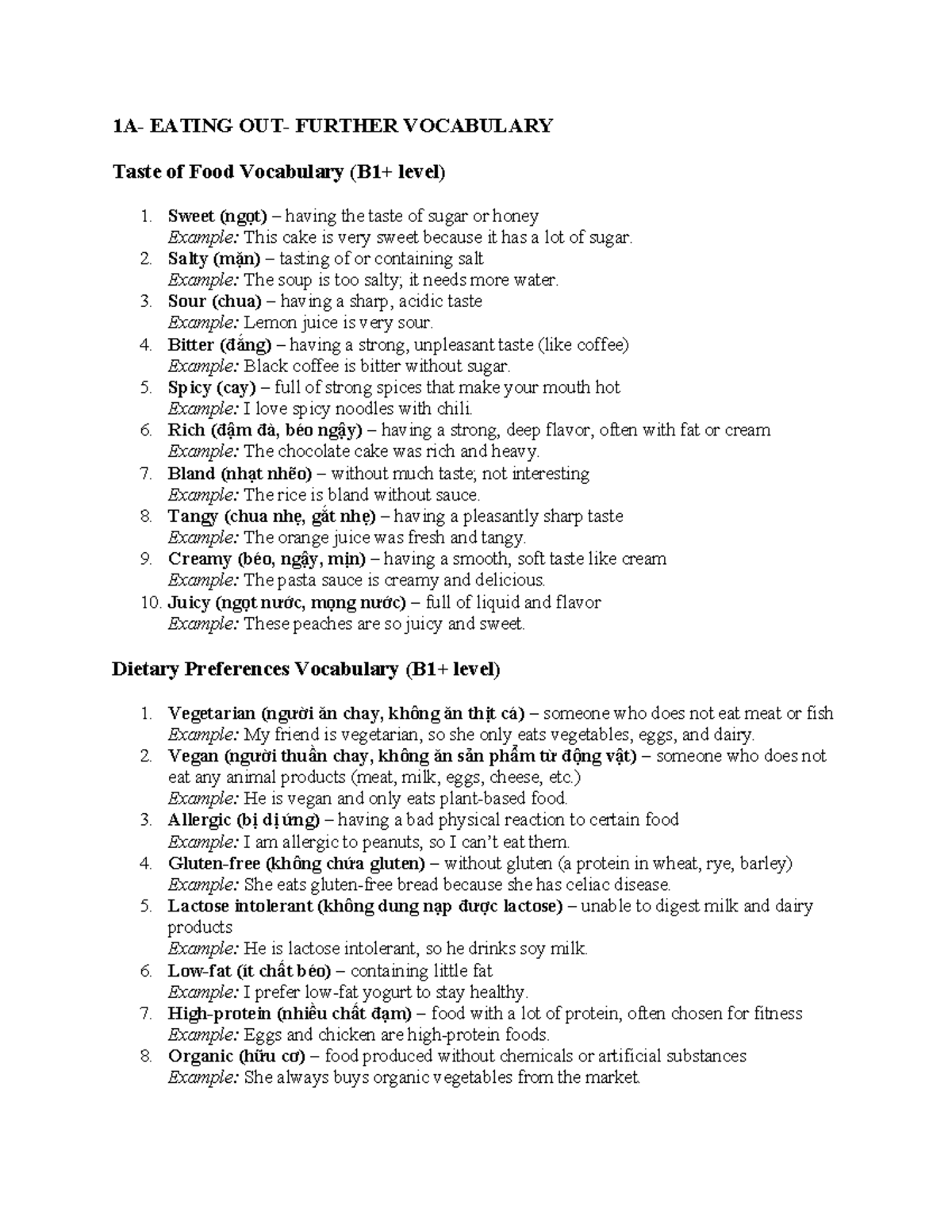 1A - Eating Out: Vocabulary for Food & Dining (B1+) - Studocu