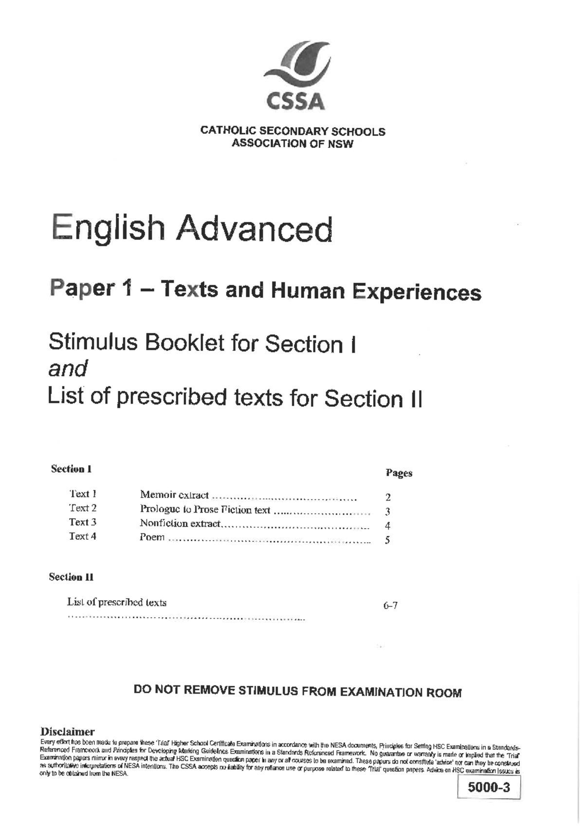 2020 CSSA English Advanced HSC Trial Paper 1: Texts & Human Experiences ...