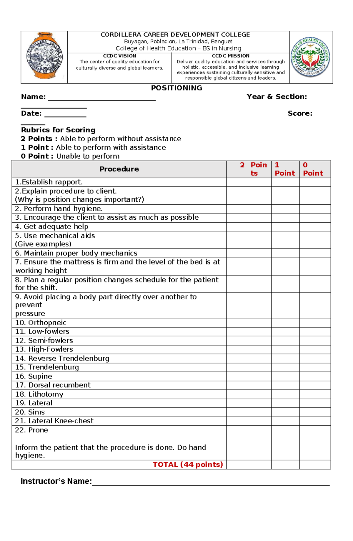 NCM 103 Positioning Students Checklist for Nursing Practice - Studocu