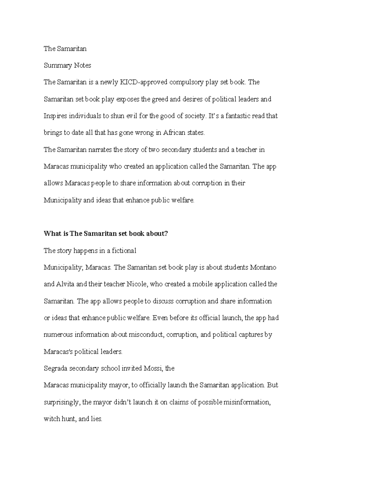 KICD Approved: Summary Notes on "The Samaritan" Set Book - Studocu