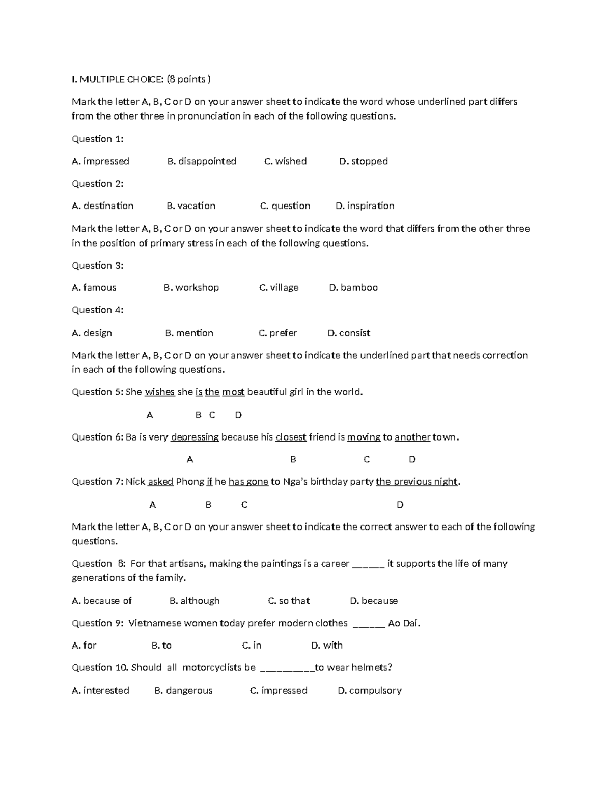 ĐỀ 01 - Multiple Choice Questions and Writing Exercises - Studocu