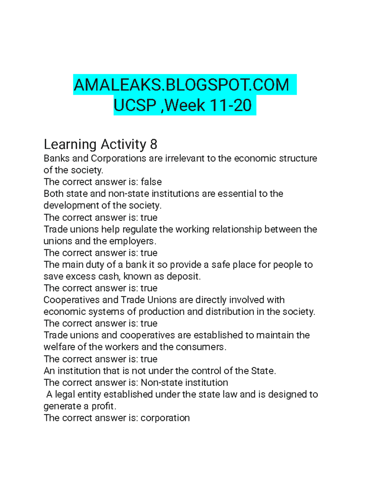 UCSP Week 11-20 Learning Activities on Economic Structures and ...
