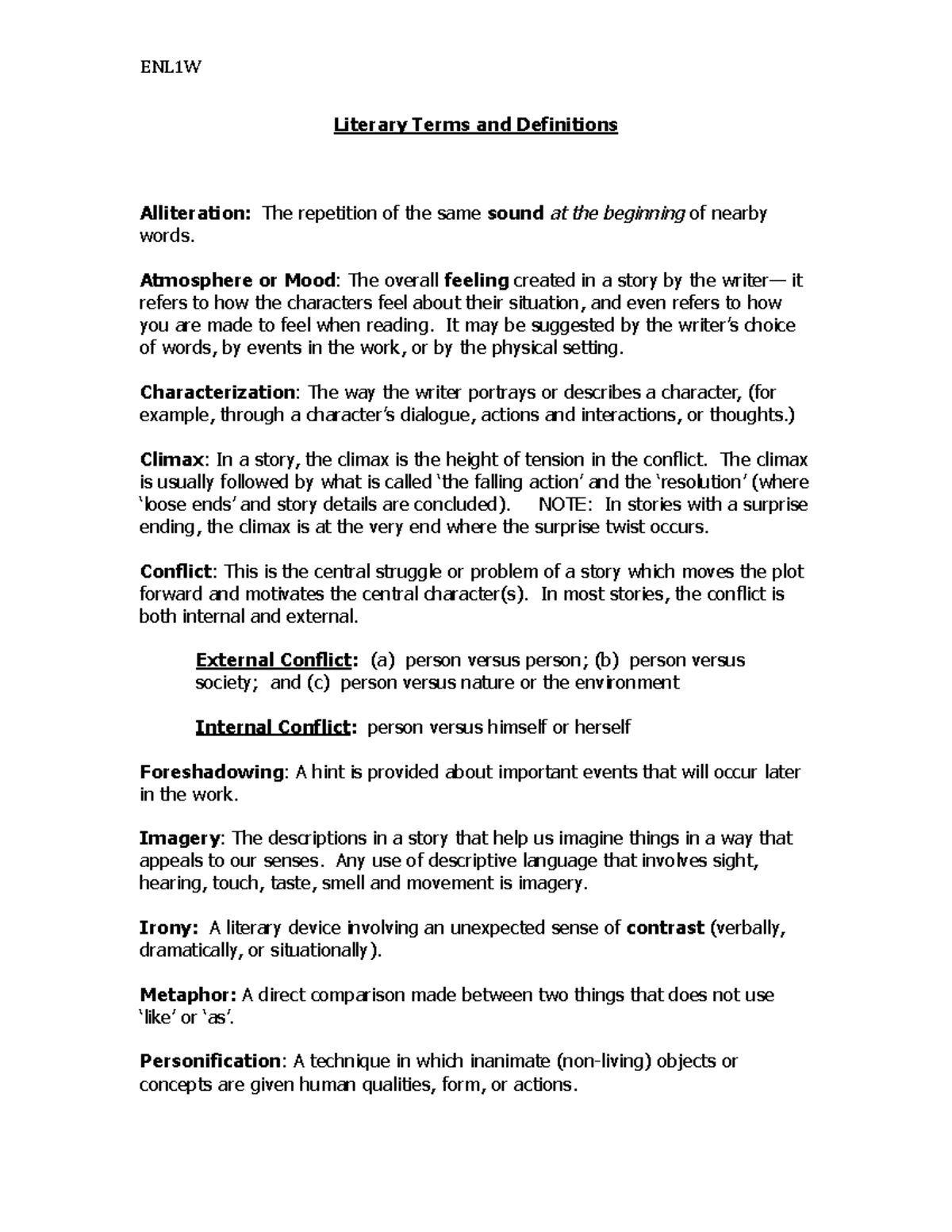 ENL1W Literary Terms and Definitions - Studocu