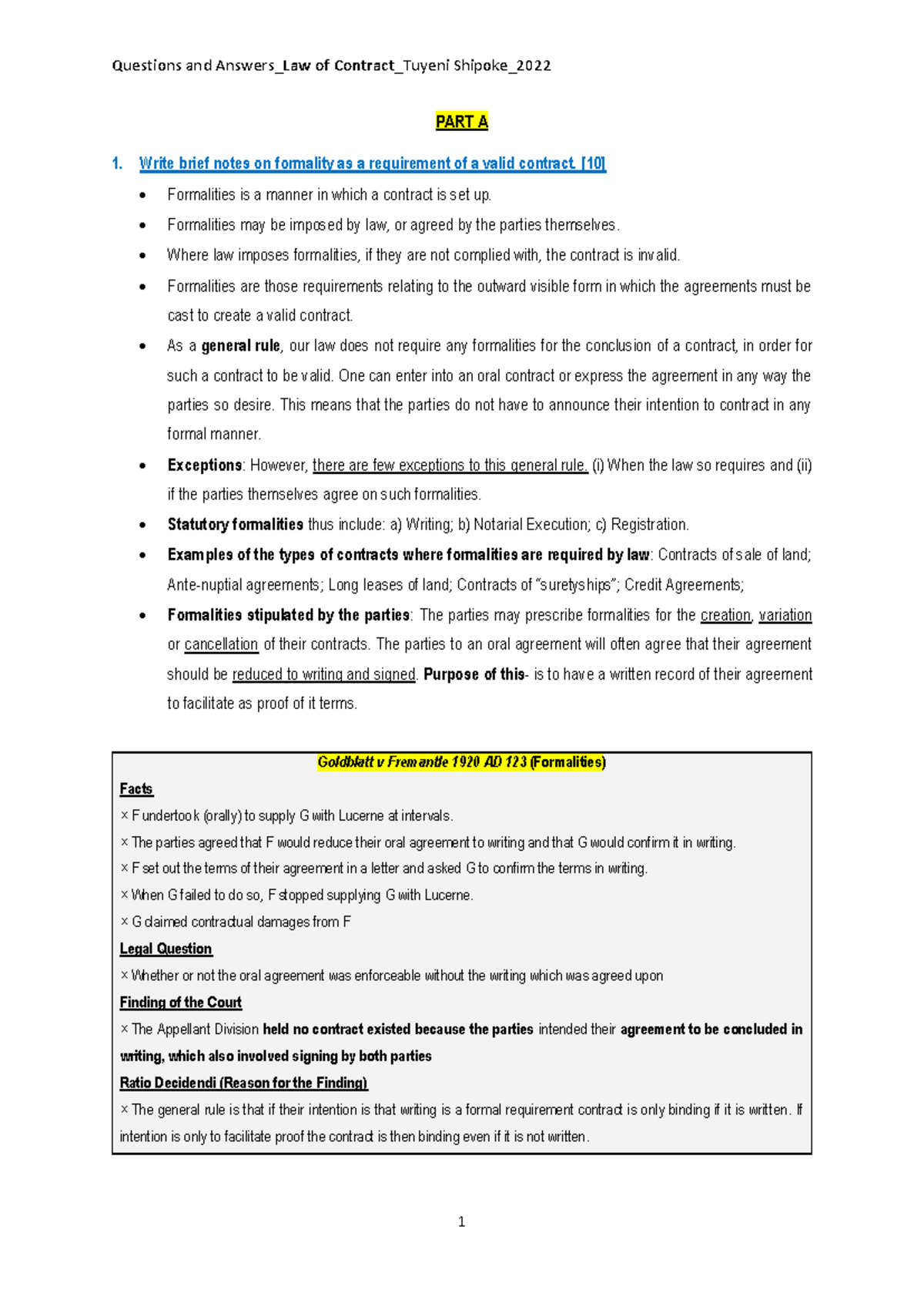Contract Law Exam Prep - Part A Questions & Answers 2022 - Studocu