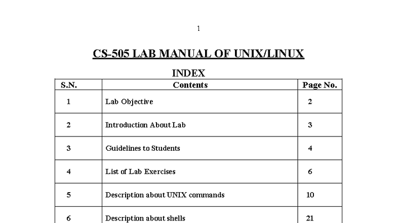 Unix-lab-manual - Lab - CS-505 LAB MANUAL OF UNIX/LINUX INDEX S. Contents Page No. 1 Lab ...