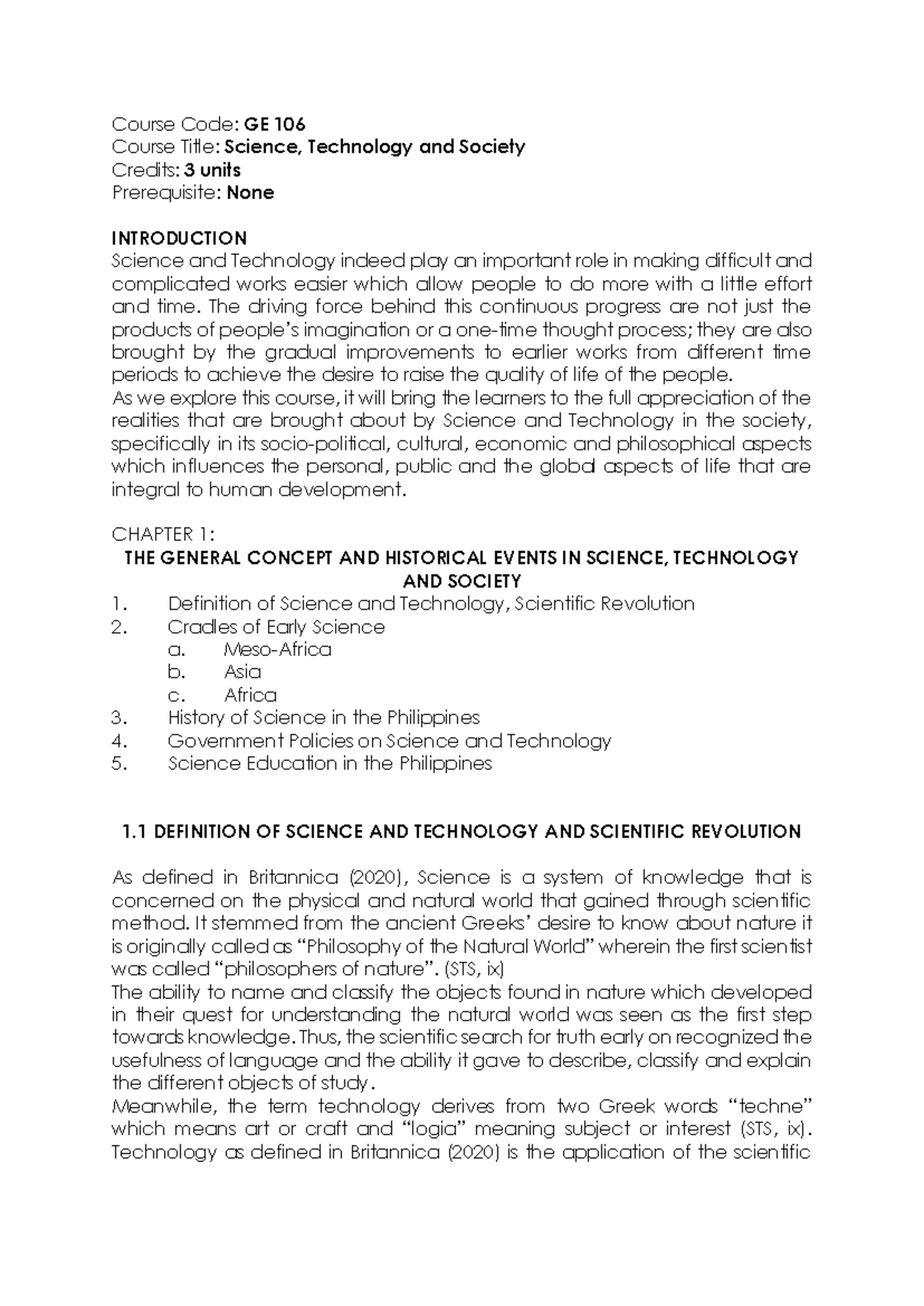 GE 106 - Science, Technology & Society: Module 1 Overview and Concepts - Studocu