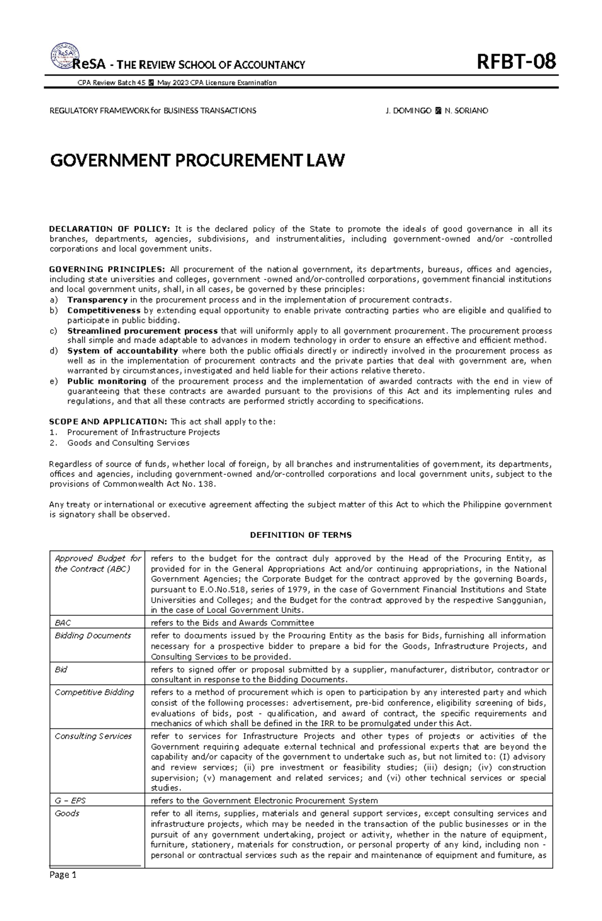 RFBT-08: Regulatory Framework for Business Transactions Exam Review - Studocu