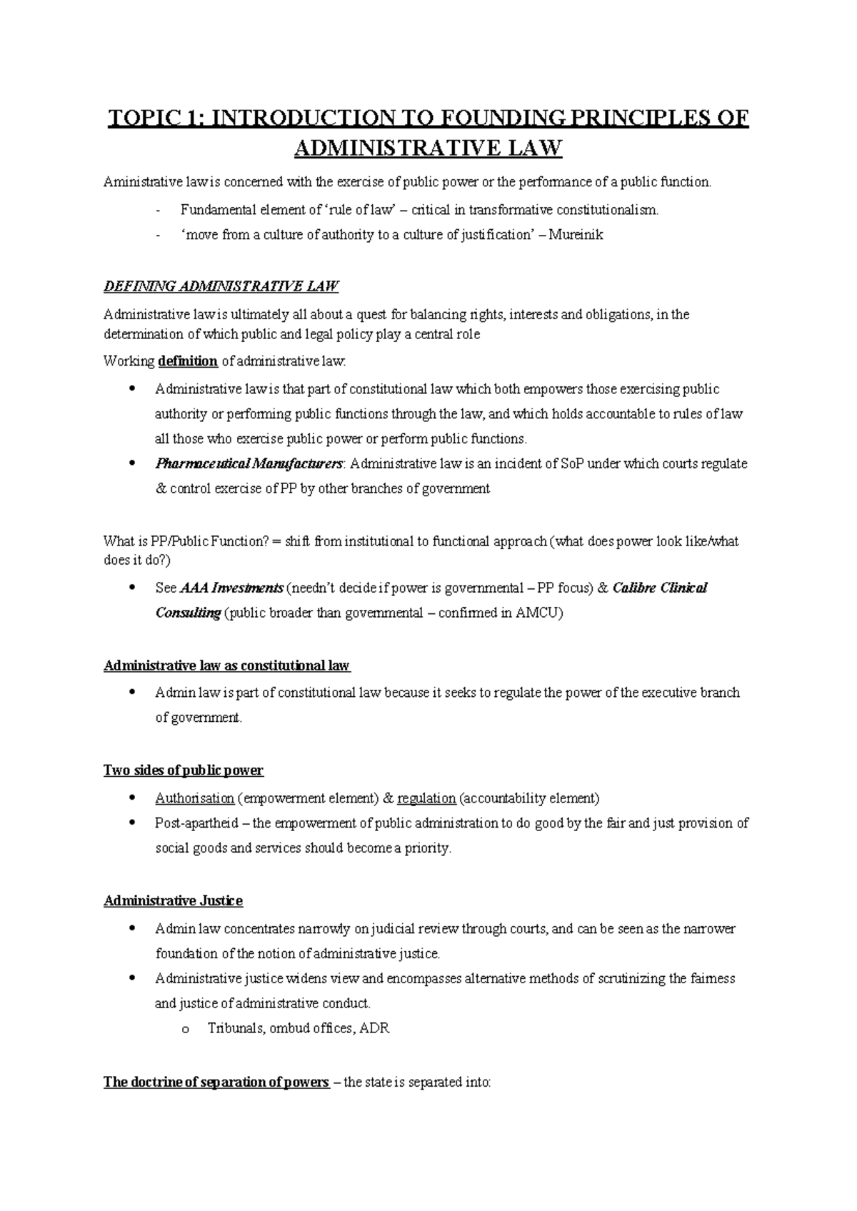 Topic 1: Intro to Founding Principles of Admin Law - Summary Notes ...