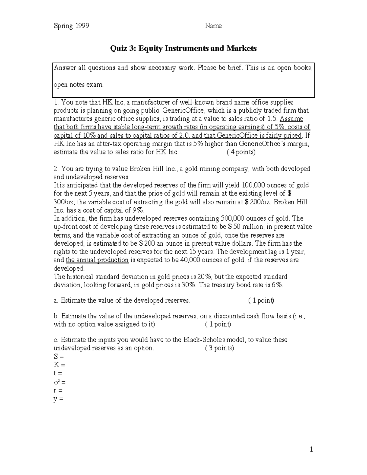 Quiz 3: Equity Instruments and Markets - Spring Exam - Studocu