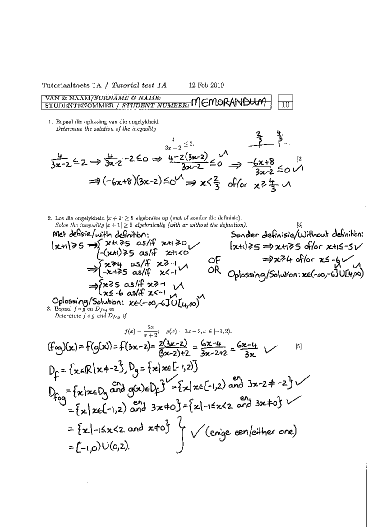 MTHS 111 Tutoriaaltoets 1A, 1B, 1D Memos - Feb 2019 - Studocu