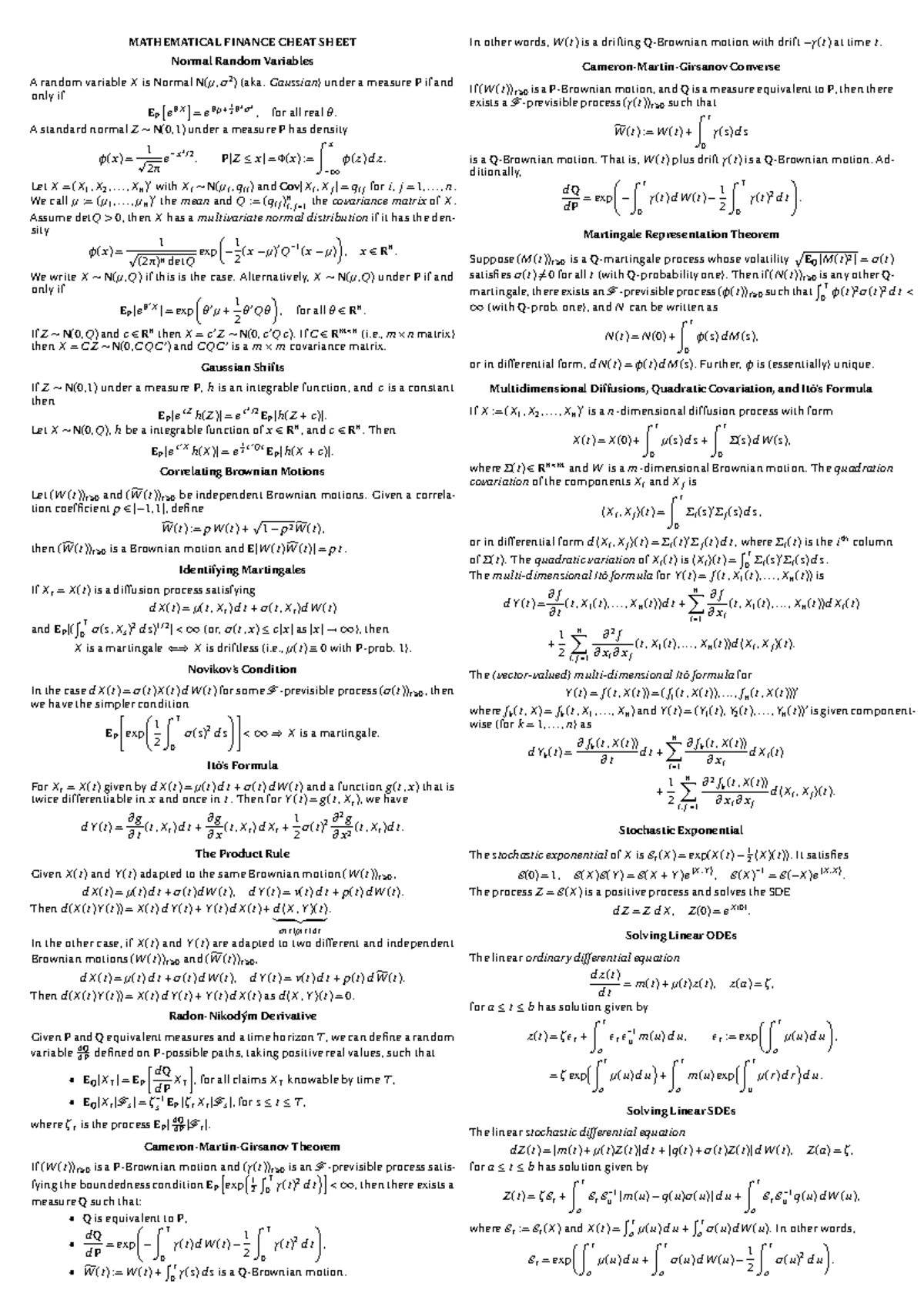 Math Finance Cheat Sheet: Key Concepts and Formulas (Course Code ...