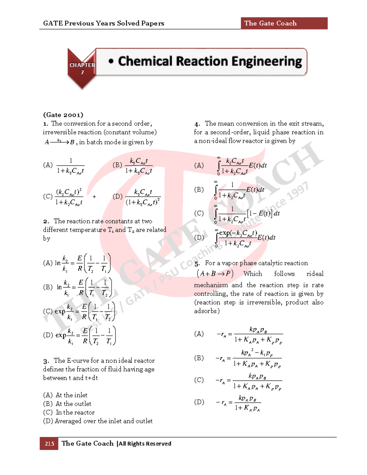 CRE GATE Question paper - (Gate 2001) 1. The conversion for a second ...