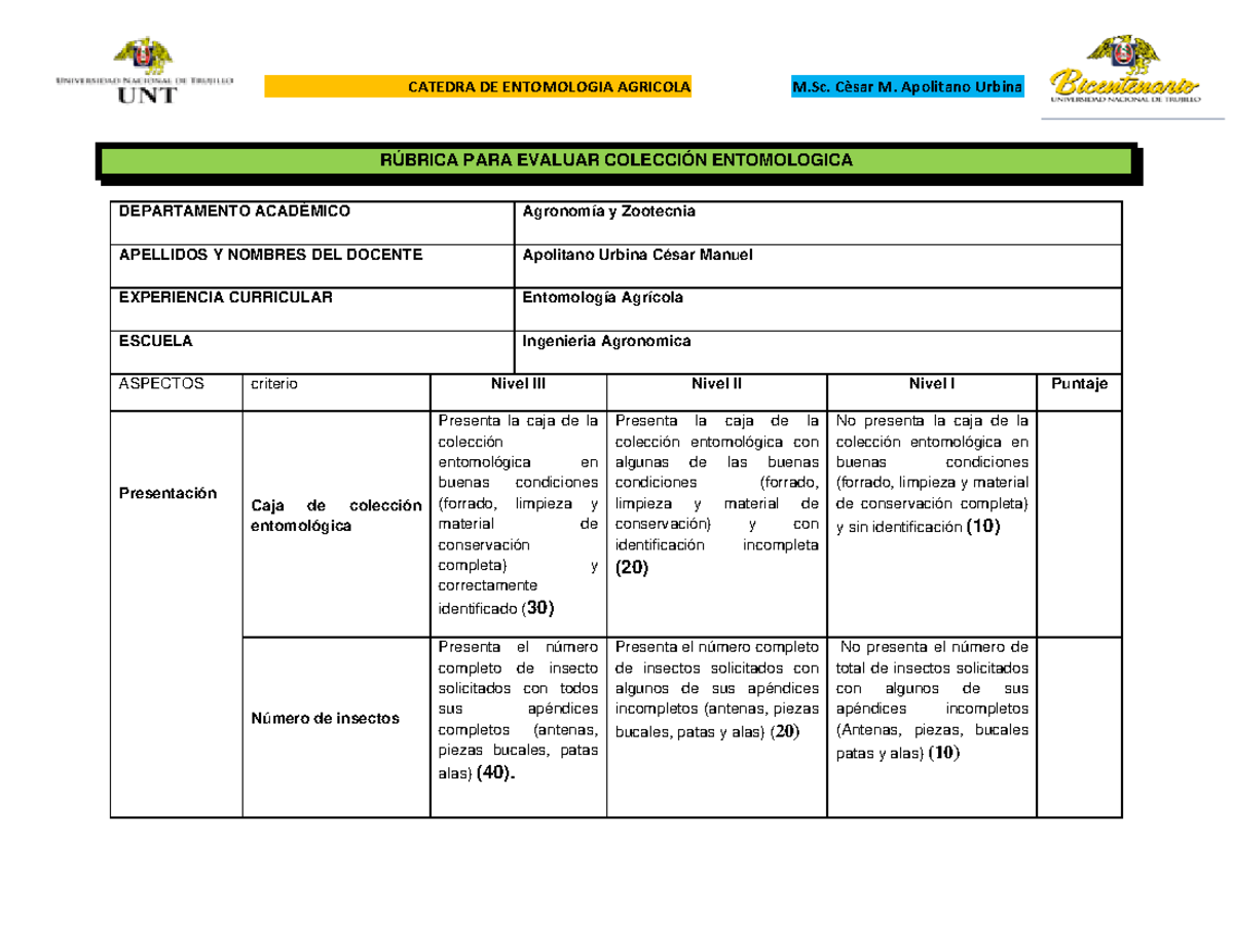 Rubrica PARA Evaluar Coleccion Entomologica - RÚBRICA PARA EVALUAR ...