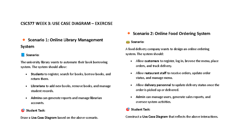 CSC577 WEEK 3: Use Case Diagram Exercises for Various Systems - Studocu