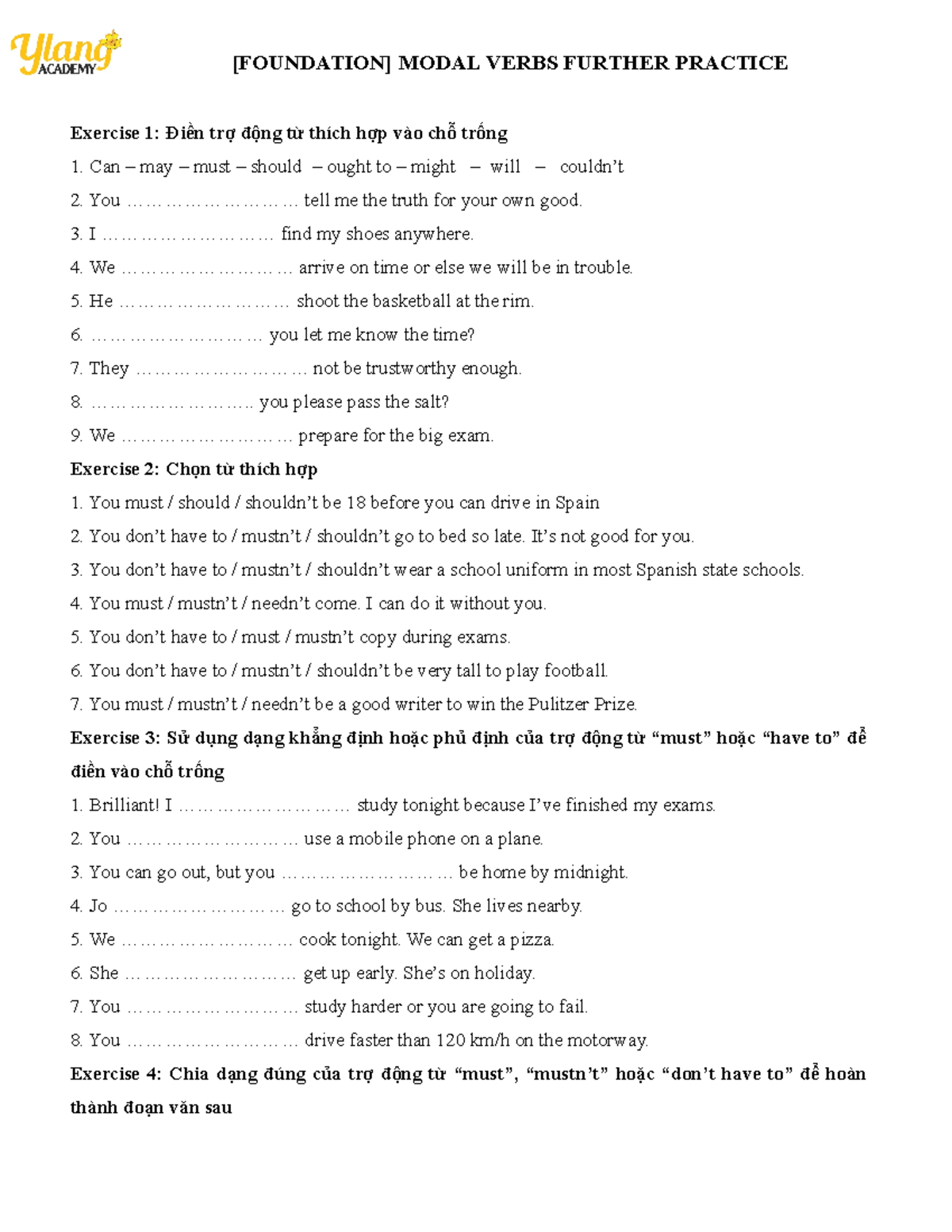 [Foun] Modal verbs (BTVN) - [FOUNDATION] MODAL VERBS FURTHER PRACTICE ...