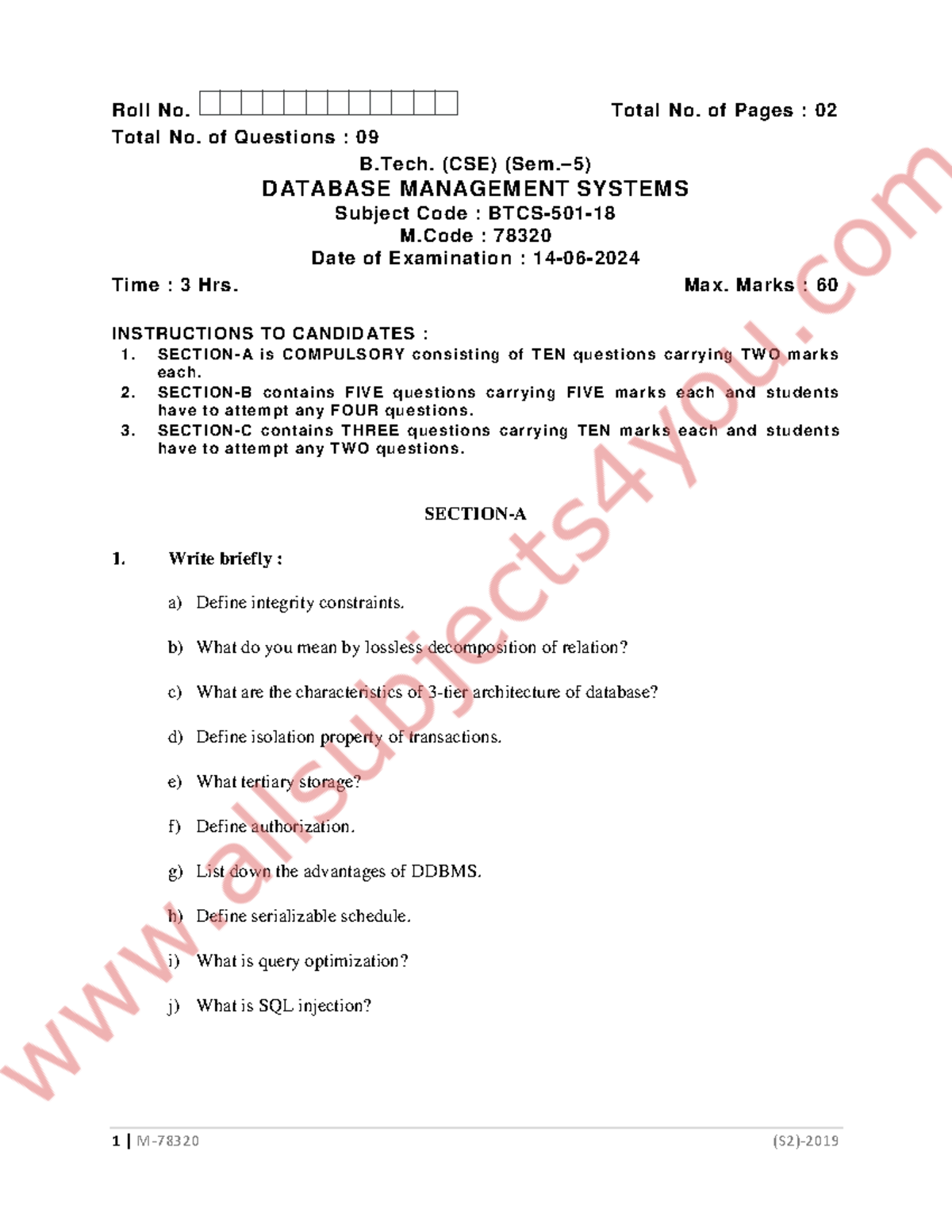 Btech SEM 5 BTCS 501 18 Database Management Systems - 1 | M-78320 (S2)- Roll No. Total No. of ...