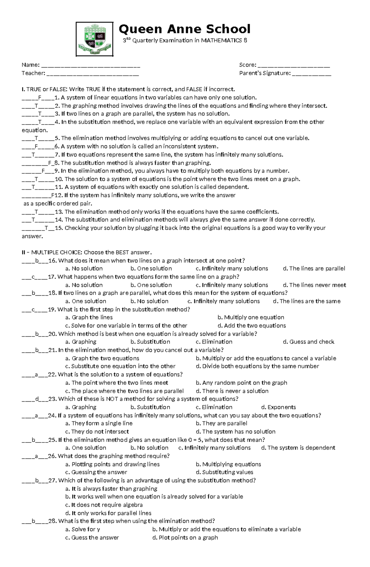 Grade 8 - MATH-1 - 3rd Quarterly Exam Review on Linear Equations - Studocu