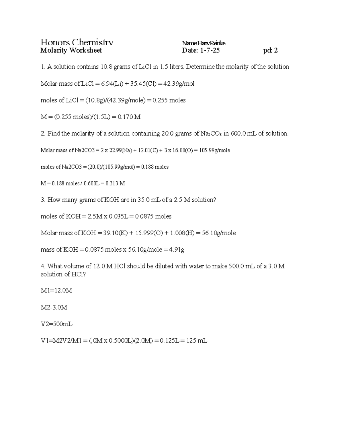 Honors Chemistry Molarity Worksheet (pd: 2) - Studocu