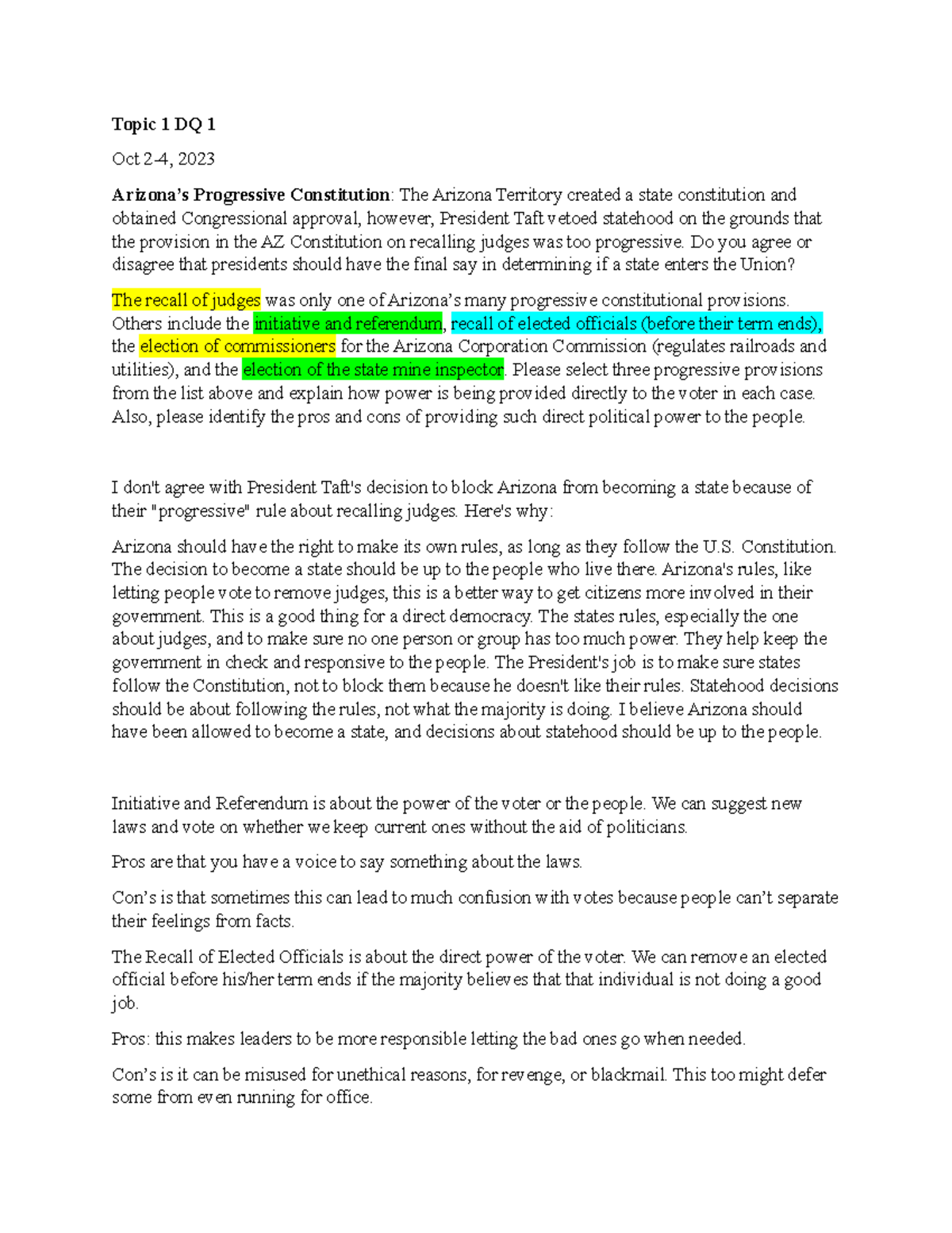 Topic 1 DQ 1 - Arizona's Progressive Constitution Insights - Studocu
