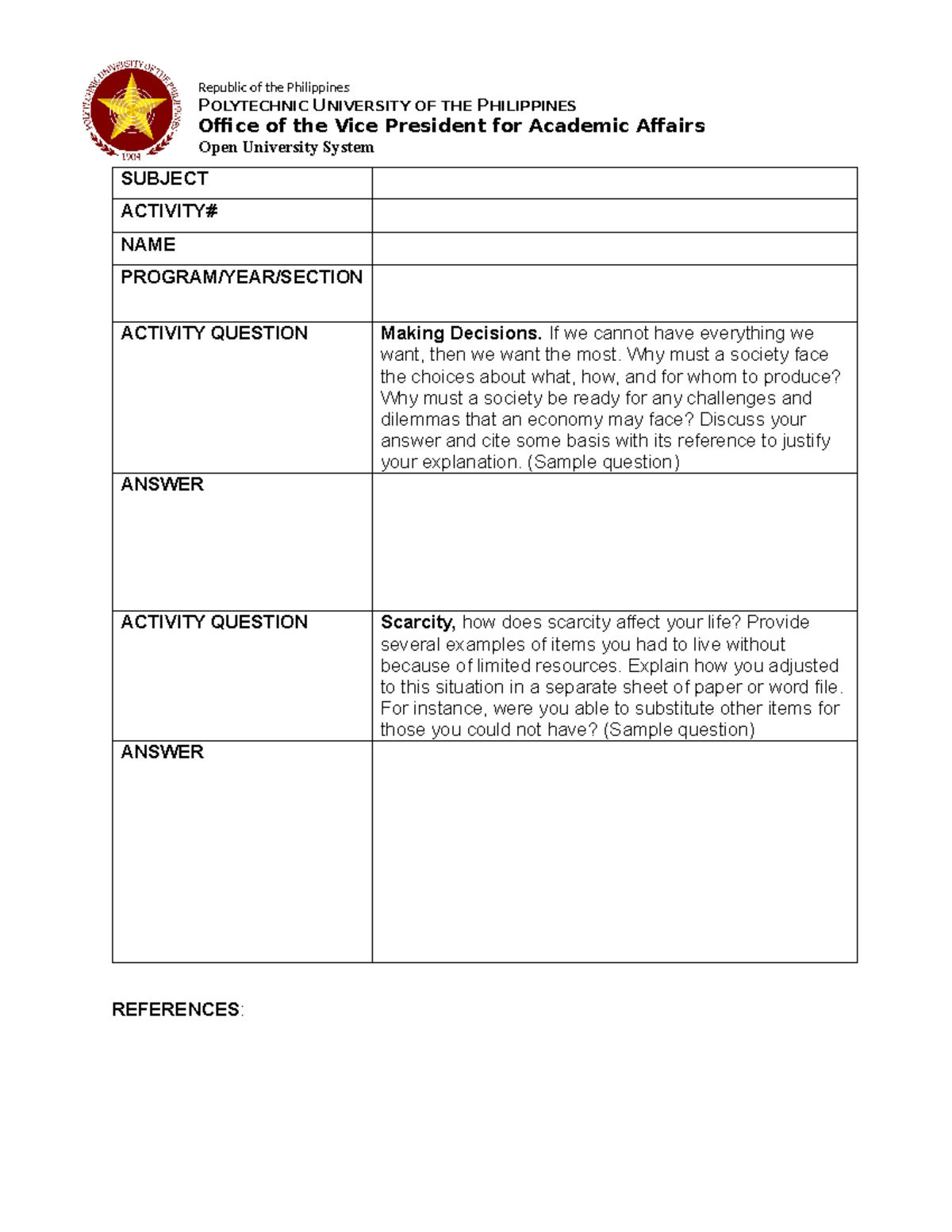 Activity Template: Making Decisions & Scarcity - ECON - Studocu