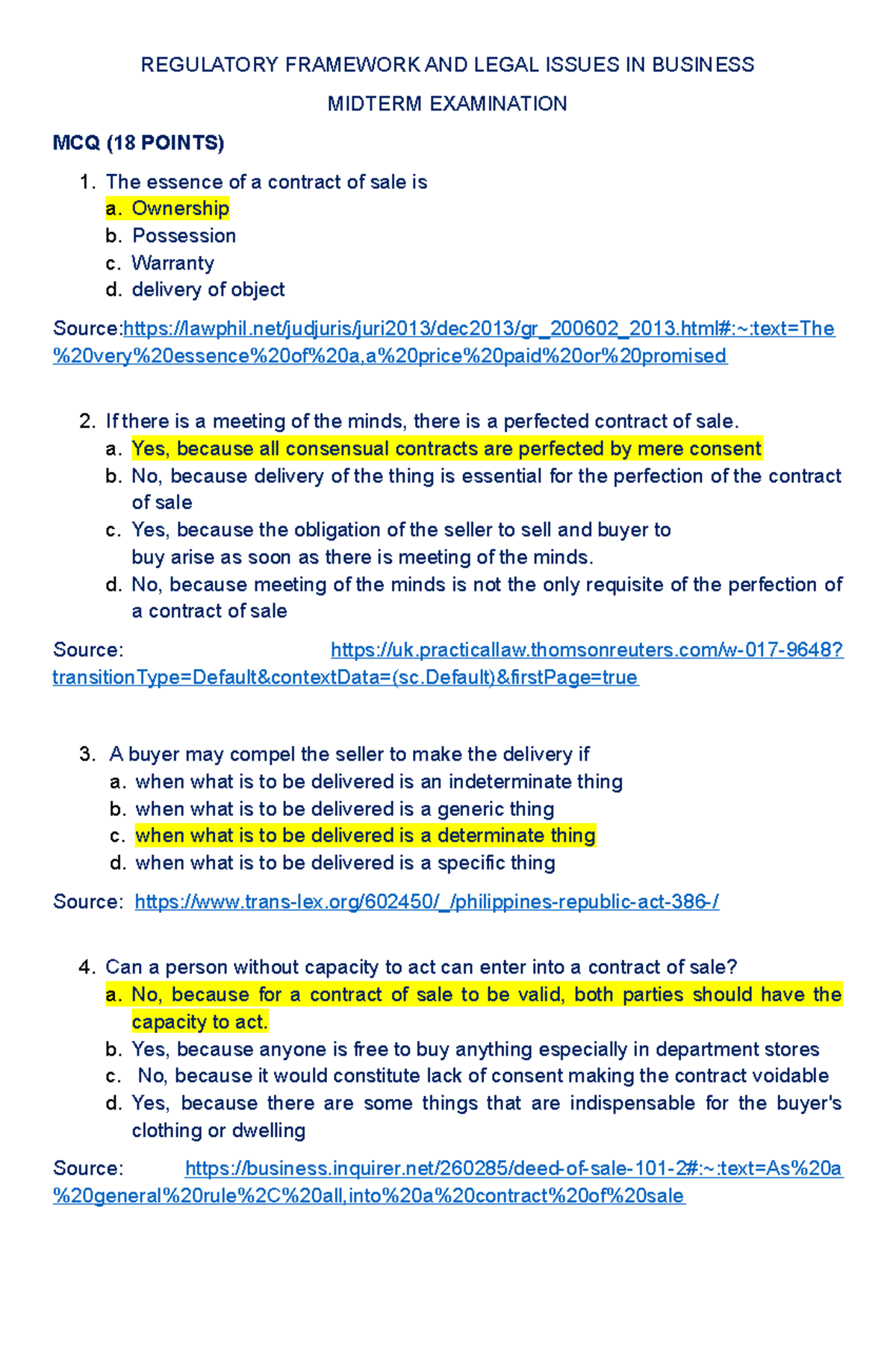 RFBT Sample QUIZ - REGULATORY FRAMEWORK AND LEGAL ISSUES IN BUSINESS ...